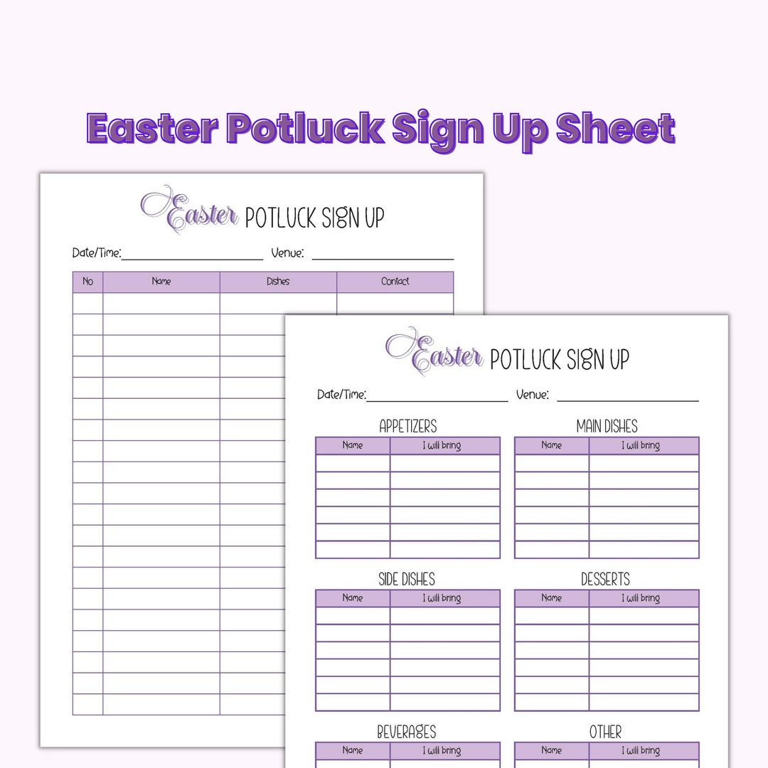 Easter Potluck Sign up Sheet Template Editable, Easter Party Food Ideas ...