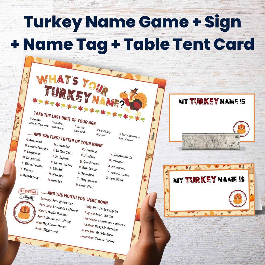 What's Your Turkey Name Game, Turkey Name Sign, Turkey Name Tags and ...