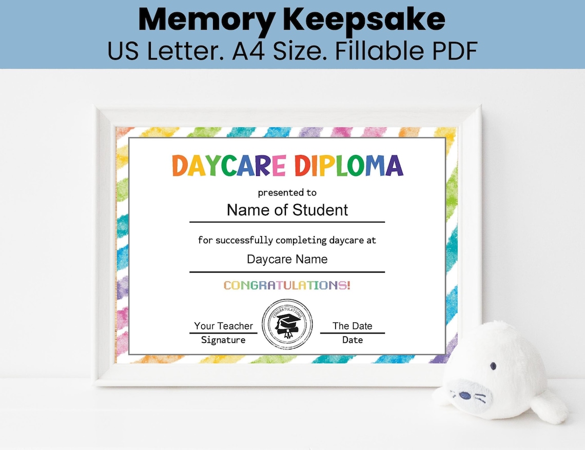 Daycare Diploma Certificate Template, Custom Printable Diploma for Kids ...