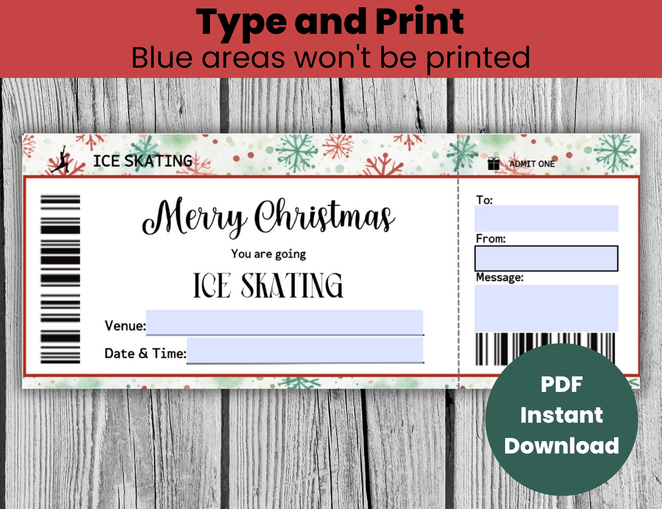 Custom Christmas Ice Skating Gift Voucher, Figure Skating Gift Coupon ...