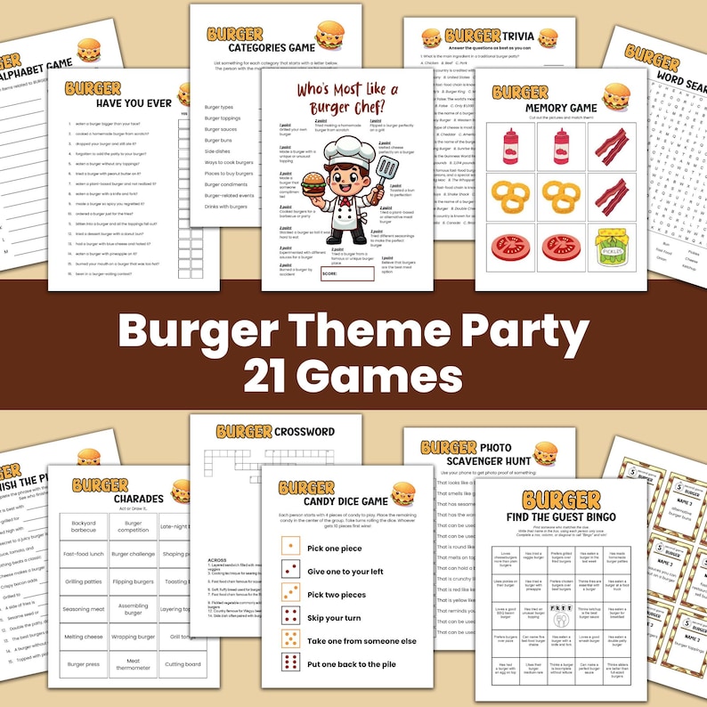 Burger Party Games Bundle, Burger Theme Backyard BBQ Games, Fastfood ...