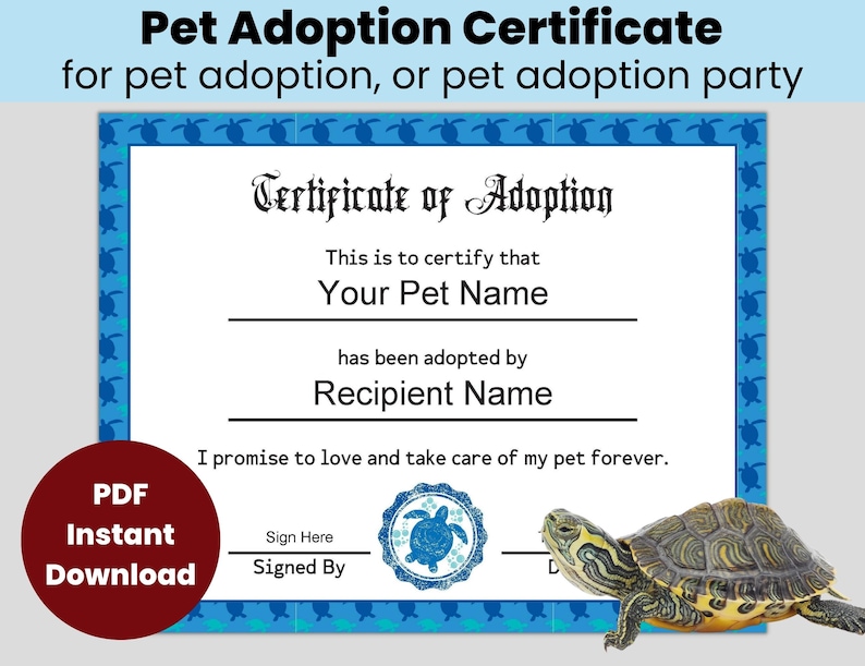 Pet Turtle Adoption Certificate, Custom Editable Certificate Template ...