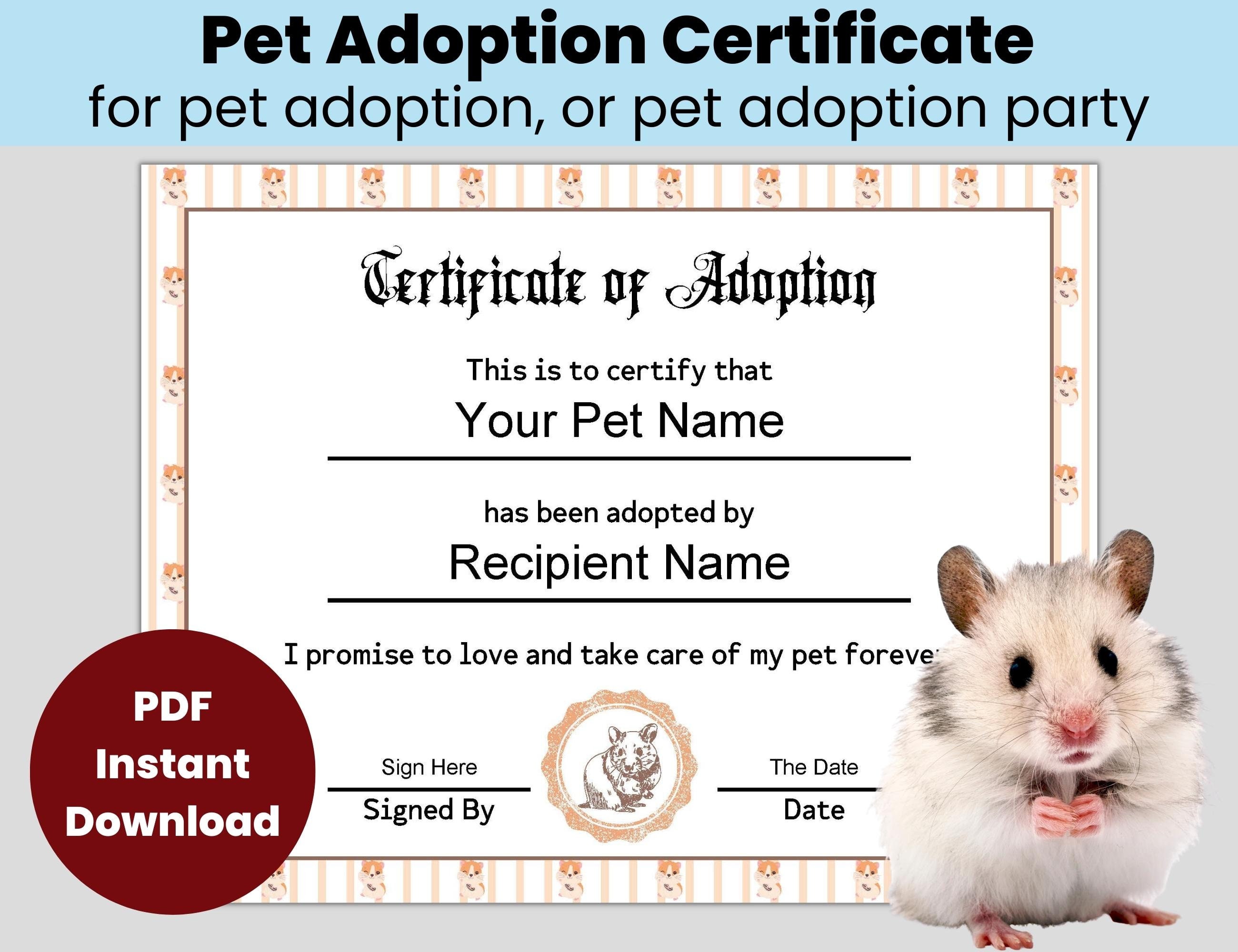 Pet Hamster Adoption Certificate, Custom Editable Certificate Template ...