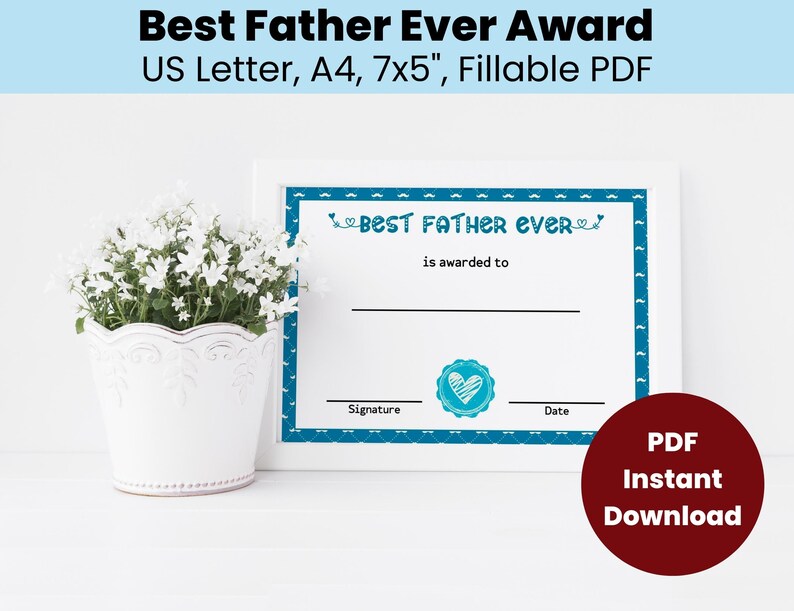 Best Father Ever Award Certificate Template Editable, Best Dad Award ...