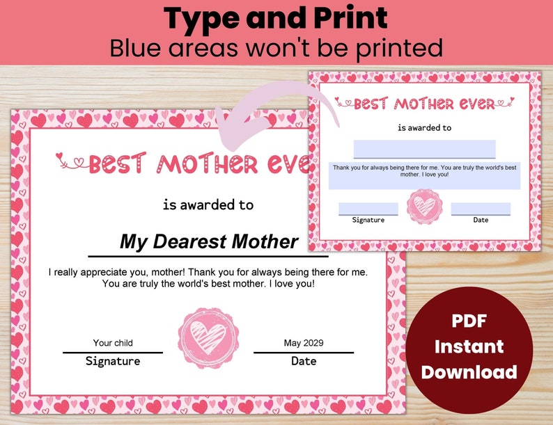 Best Mother Ever Award Certificate Editable Template, Custom Mother's Day Appreciation Gift ...