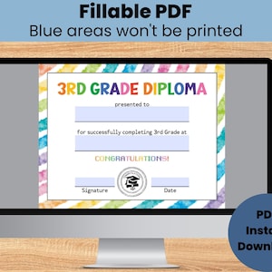 Third Grade Diploma Certificate Template, Custom Printable 3rd Grade ...