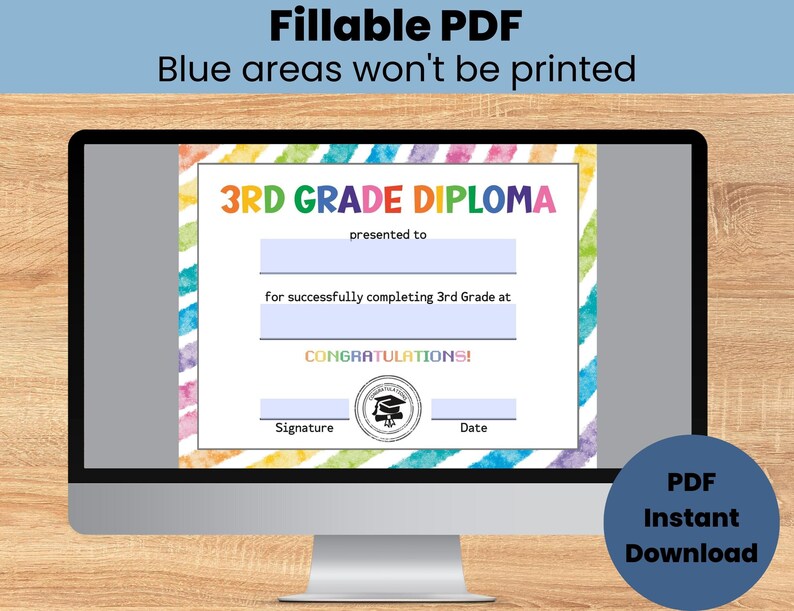 Third Grade Diploma Certificate Template, Custom Printable 3rd Grade ...