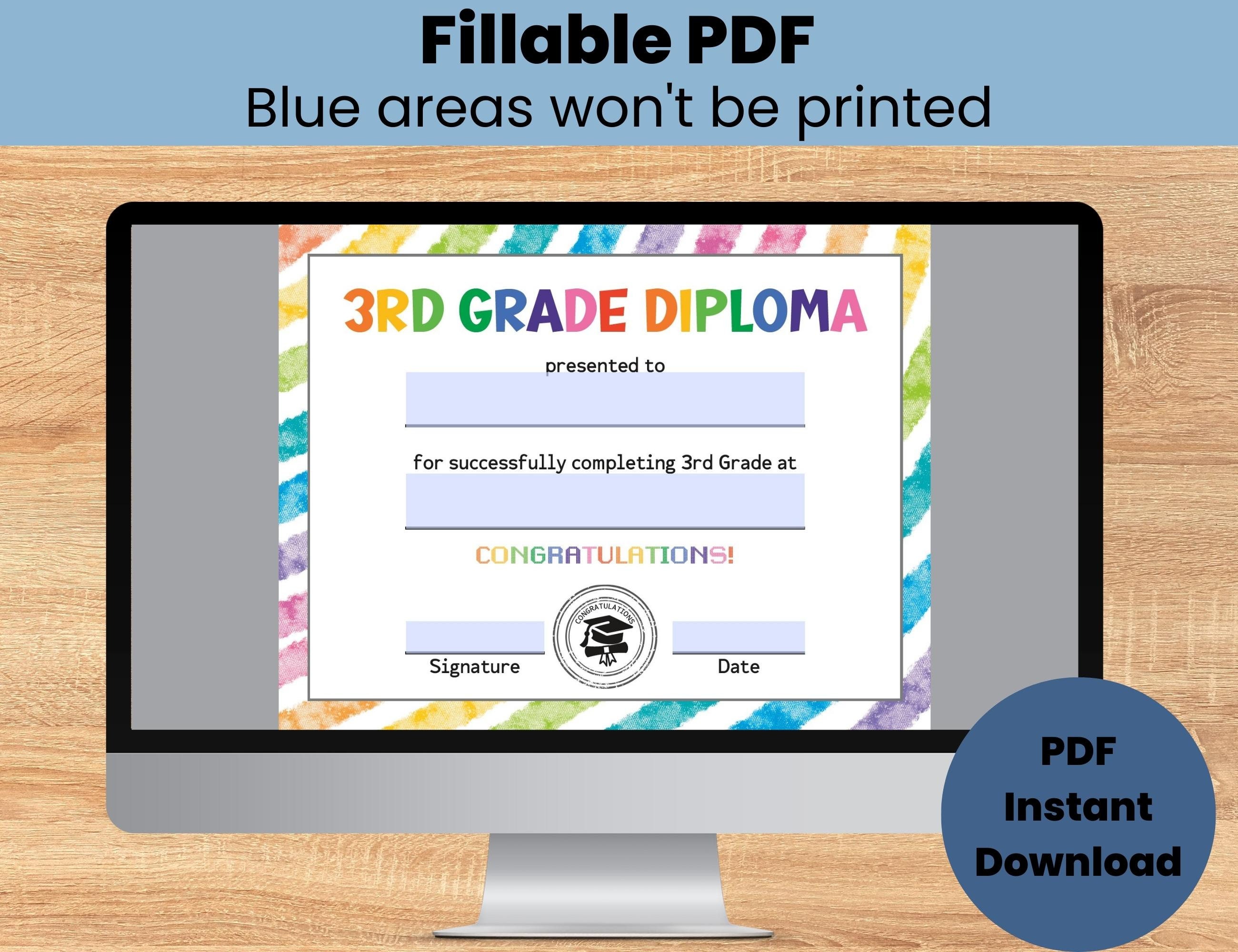 Third Grade Diploma Certificate Template, Custom Printable 3rd Grade ...