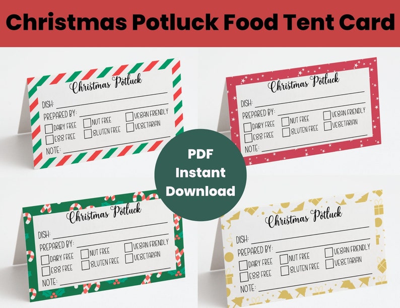 Christmas Potluck Food Tent Card, Potluck Food Allergy Card, Holiday ...