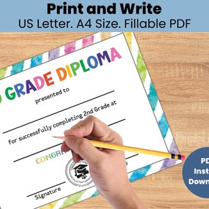 Second Grade Diploma Certificate Template, Custom Printable 2nd Grade ...