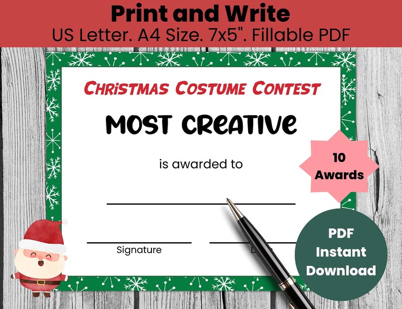 Christmas Costume Contest Awards Certificate Template Editable, Ugly ...