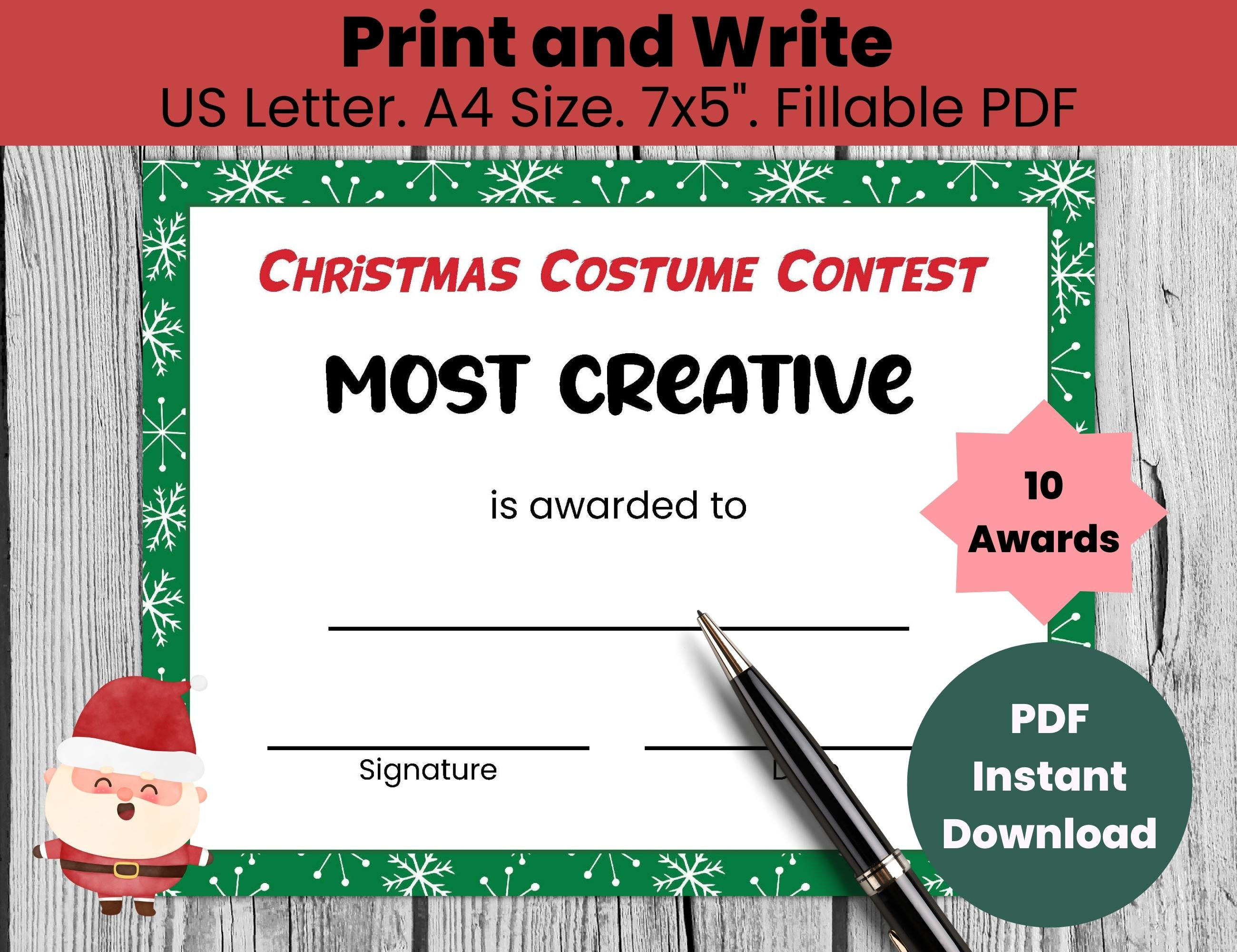 Christmas Costume Contest Awards Certificate Template Editable, Ugly ...