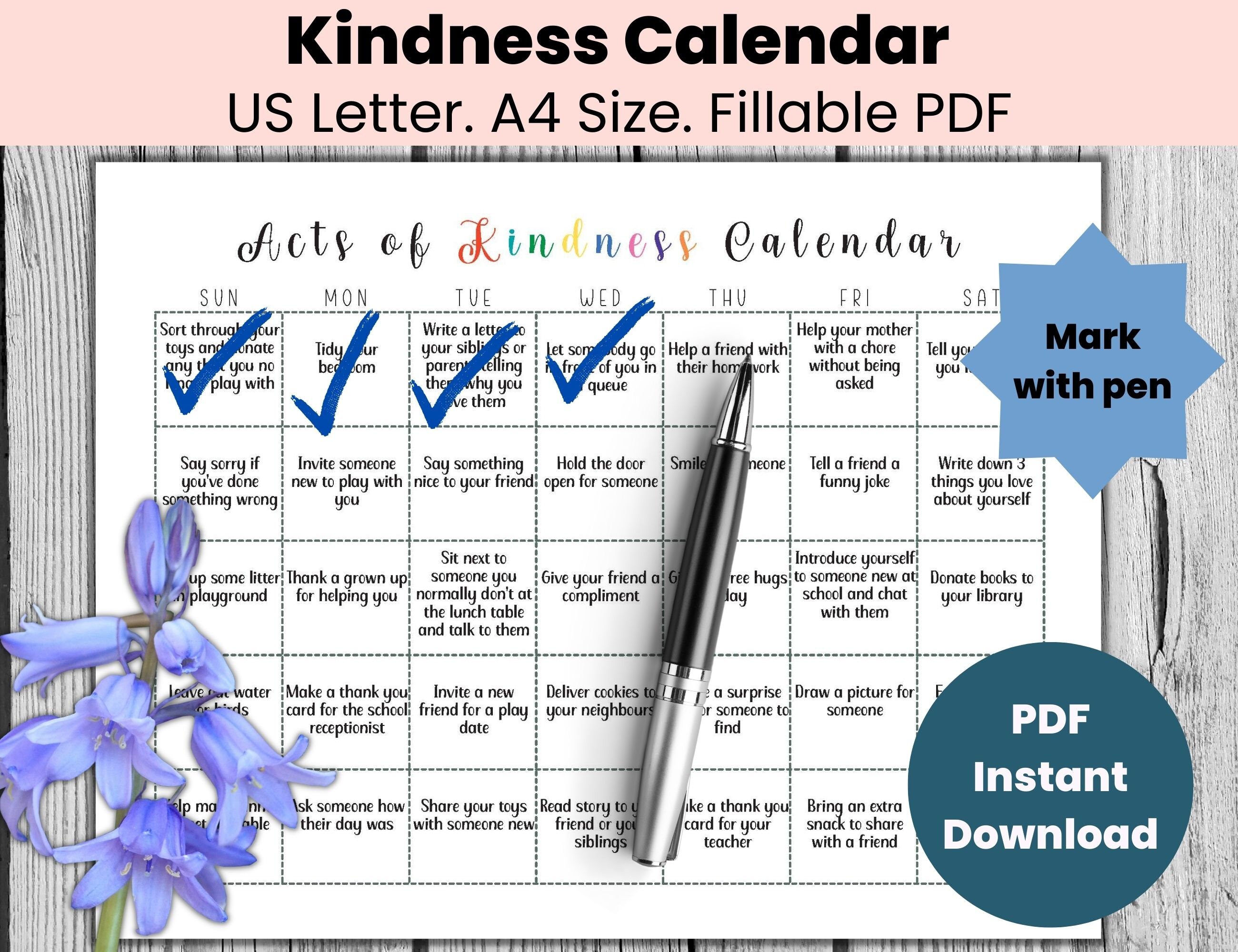 Act of Kindness Calendar for Kids, Christmas Kindness Advent Calendar ...