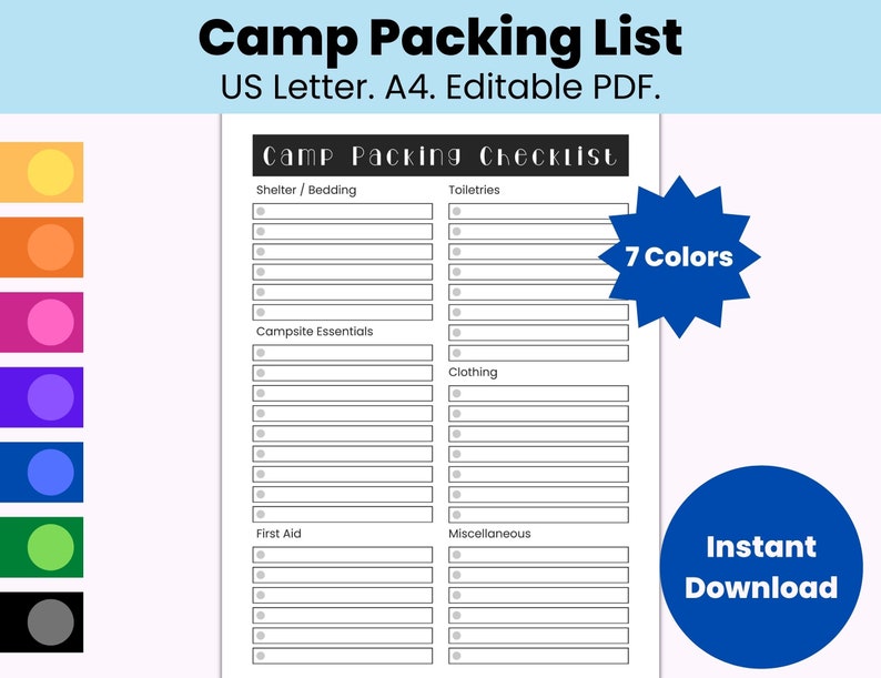 Camp Packing List Template, Editable Packing List for Camp, Printable ...