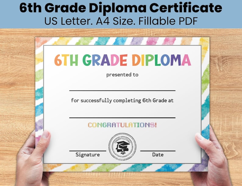 Sixth Grade Diploma Certificate Template, Custom Printable 6th Grade ...