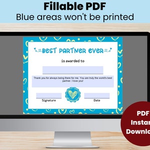 Best Partner Ever Award Certificate, Personalized Love Certificate ...