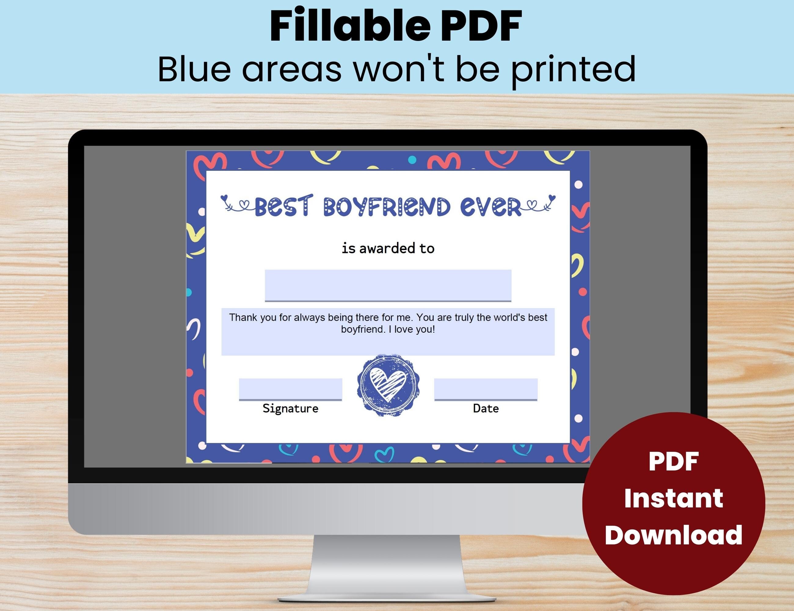 Best Boyfriend Ever Award Certificate, Personalized Love Certificate ...