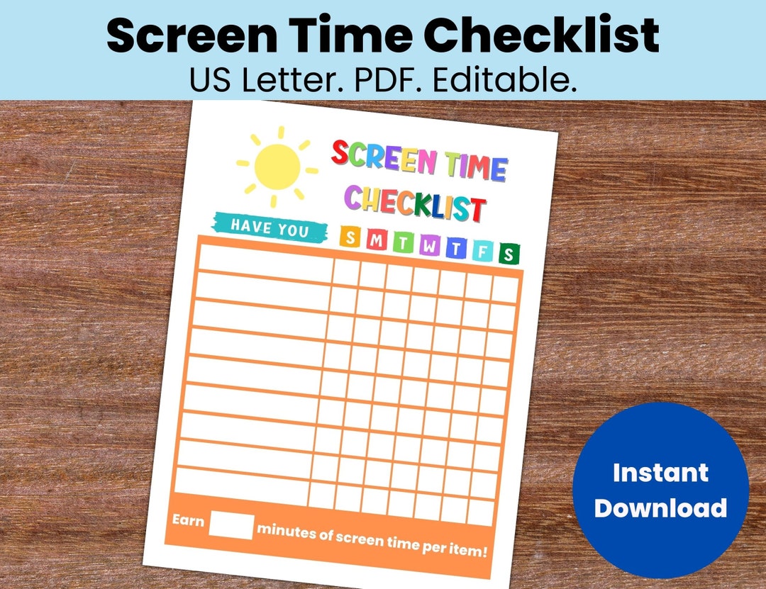 Summer Screen Time Checklist, Children Chore Chart Printable, Kids ...