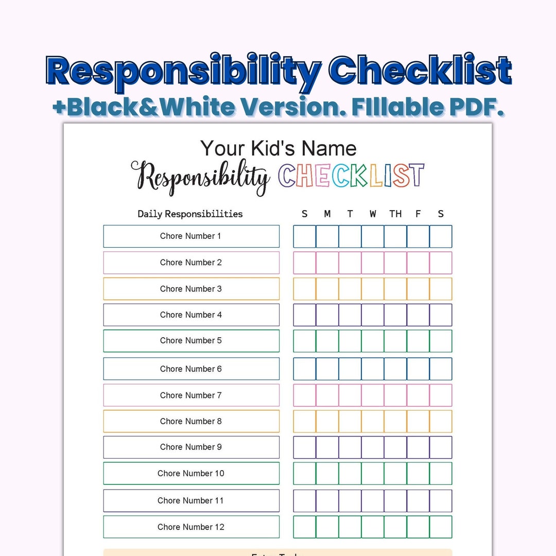 Kids Responsibility Checklist Template, Responsibility Chart for Kids ...