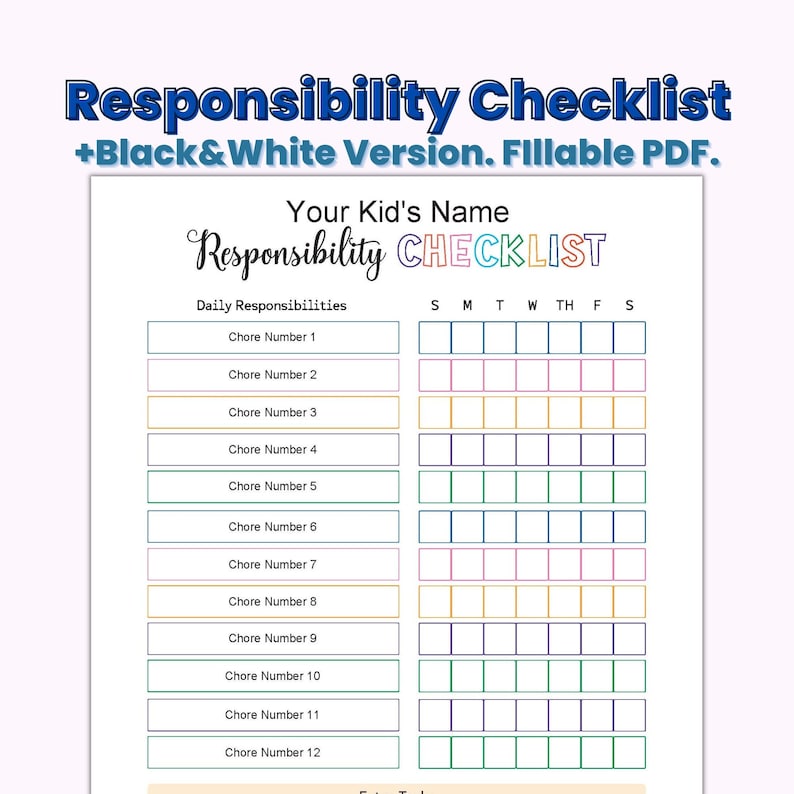 Kids Responsibility Checklist Template, Responsibility Chart for Kids ...