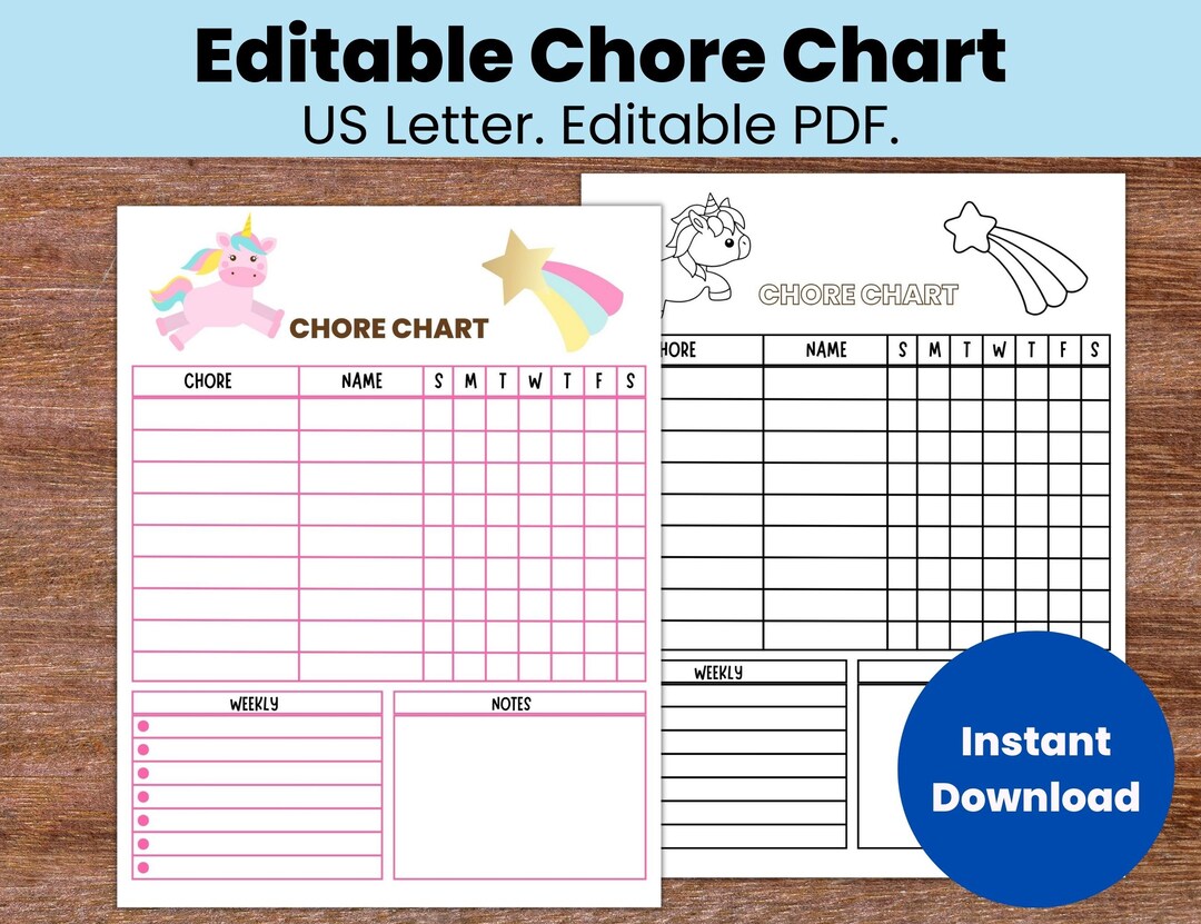 Unicorn Chore Chart for Kids Printable, Editable Kids' Chore Chart ...