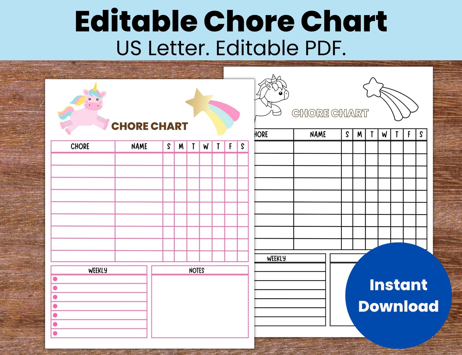 Unicorn Chore Chart for Kids Printable, Editable Kids' Chore Chart ...