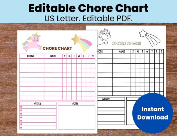 Unicorn Chore Chart for Kids Printable Editable Kids' - Etsy