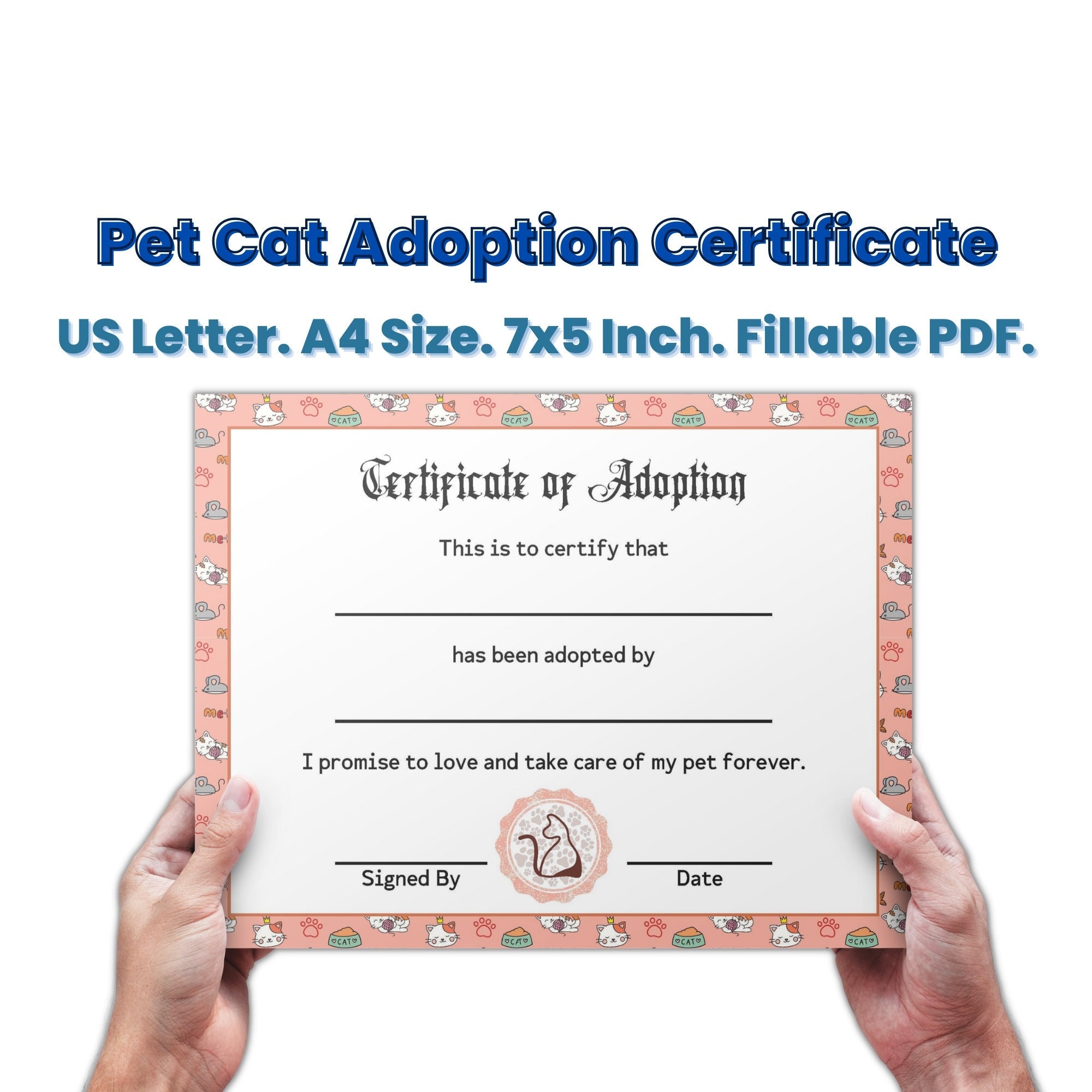 Pet Cat Adoption Certificate, Custom Editable Certificate Template for ...
