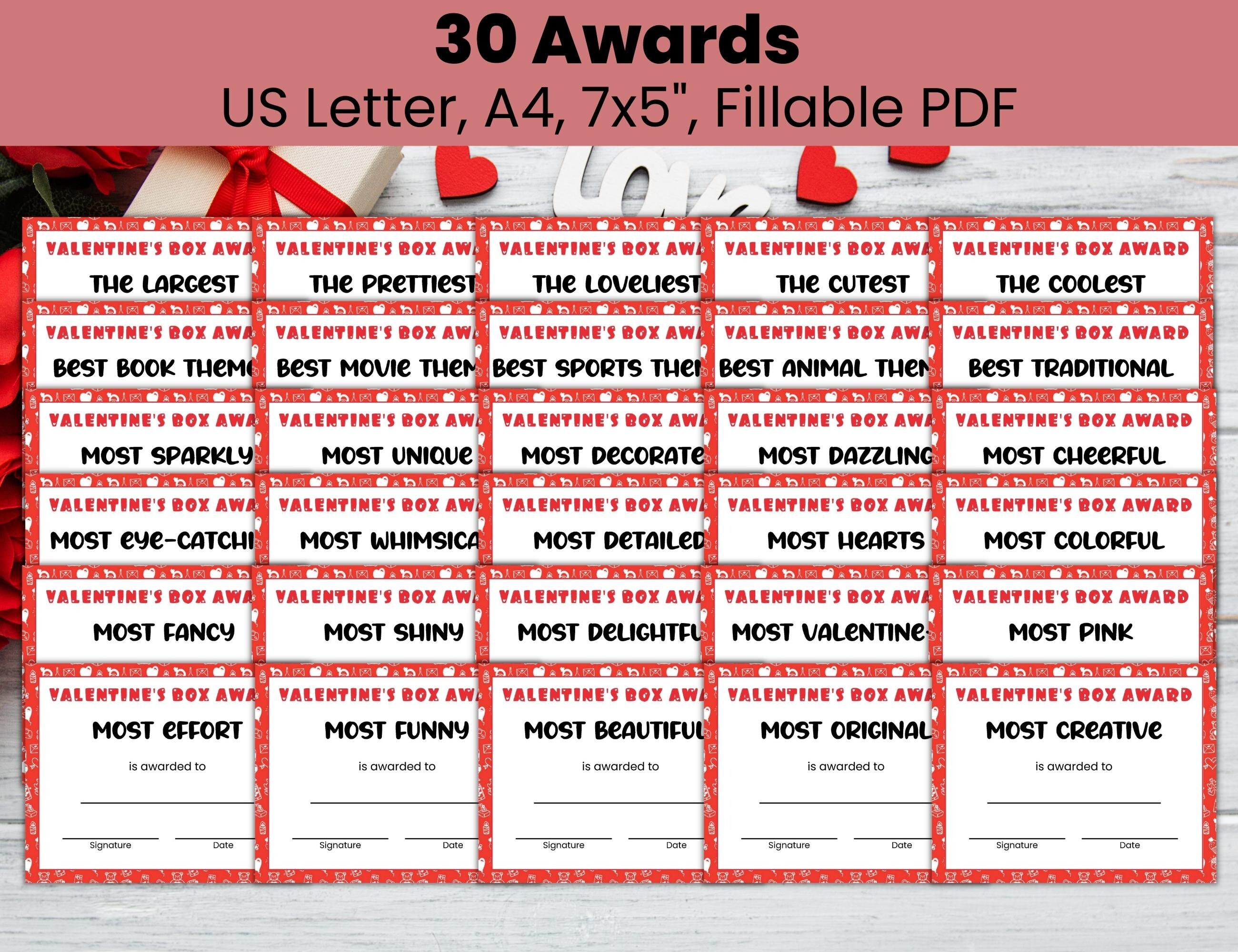 Valentine's Day Box Award Certificates Template Editable, Class ...