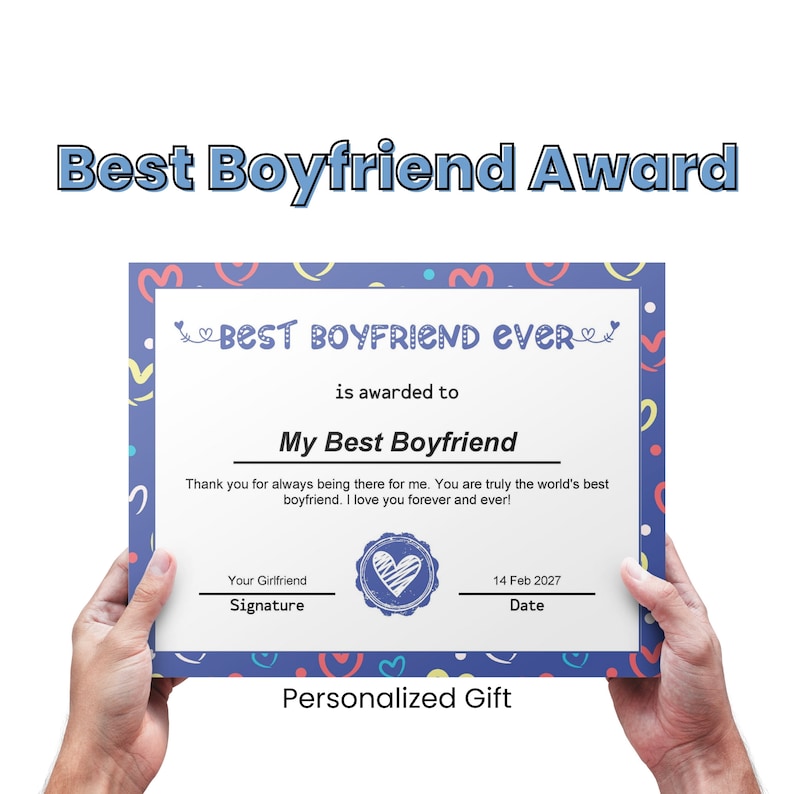 Best Boyfriend Ever Award Certificate, Personalized Love Certificate ...