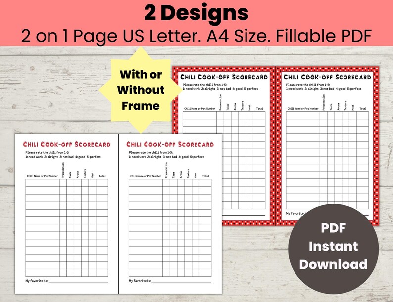 Chili Cook off Score Card, Chili Cook-off Score Sheet, Chili Cookoff ...