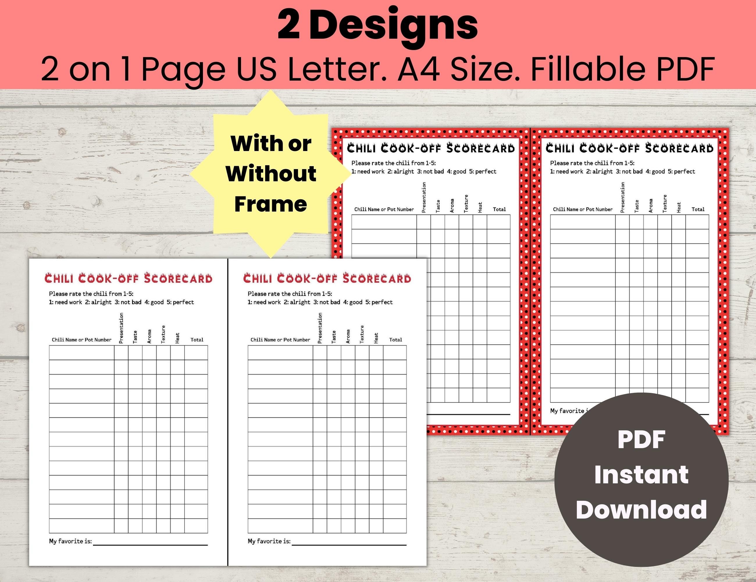 Chili Cook off Score Card, Chili Cook-off Score Sheet, Chili Cookoff ...