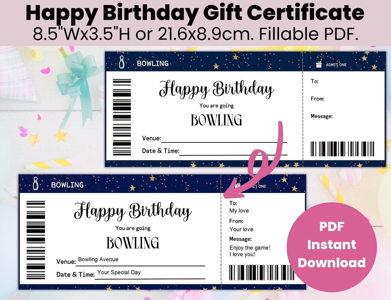 Bowling Game Ticket Gift Coupon Template for Birthday, Personalized ...