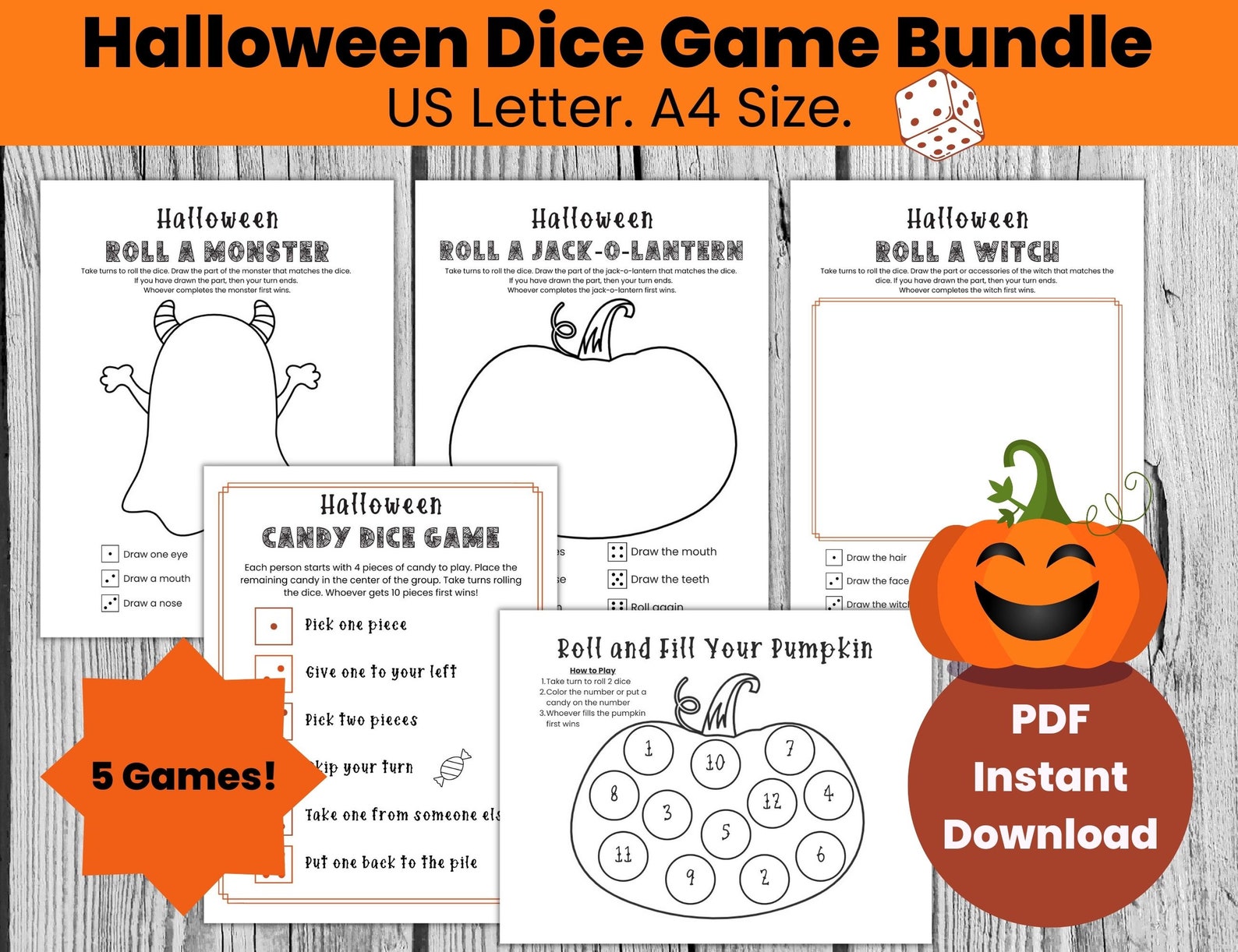 Fun Halloween Dice Game Bundle, Printable Halloween Party Game, Candy ...