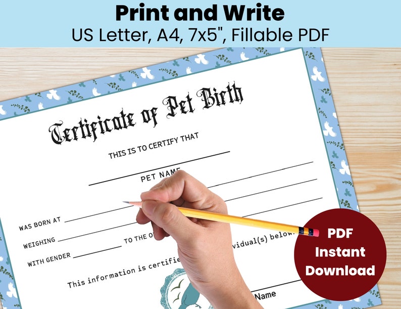 Personalized Pet Bird Birth Certificate Template Editable, New Pet Gift ...