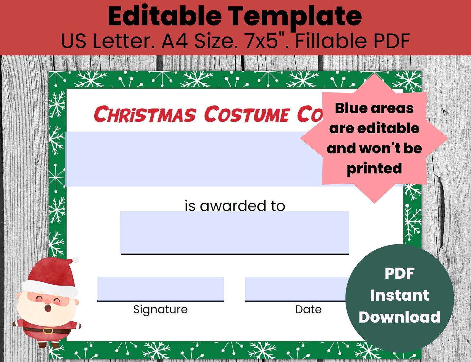 Christmas Costume Contest Awards Certificate Template Editable, Ugly ...