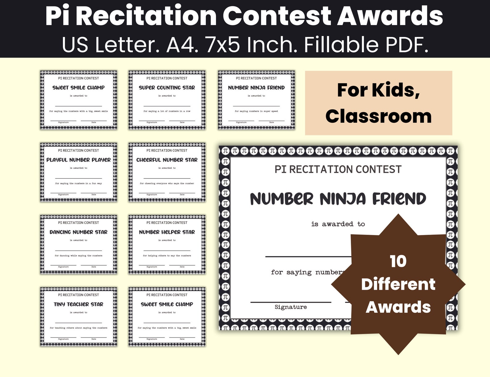 Pi Day Recitation Contest Award Certificates, Pi Day Games, Pi Day ...