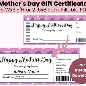 Personalized Mothers Day Concert Ticket Gift Certificate Editable ...