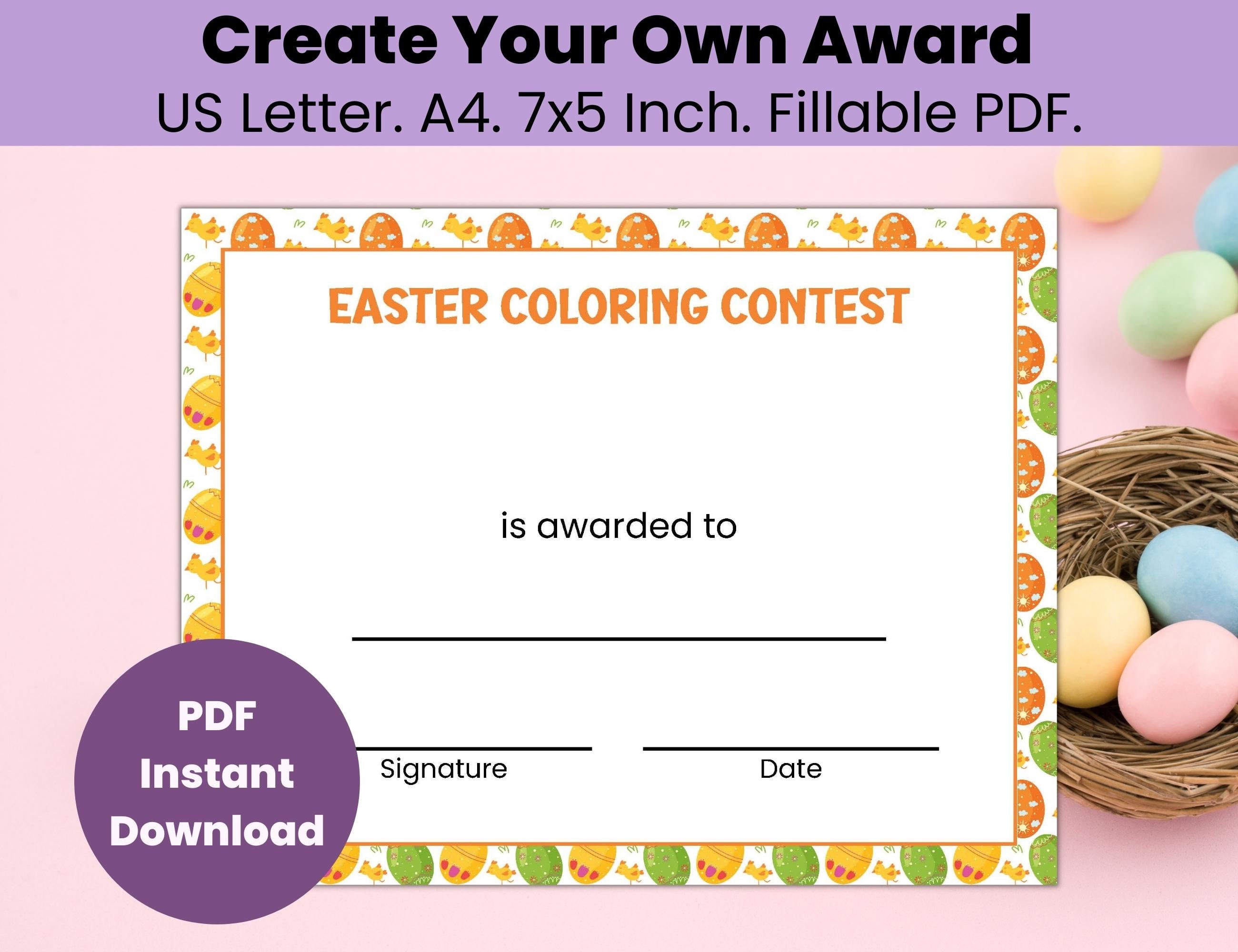 Editable Easter Coloring Contest Award Certificates, Easter Competition ...