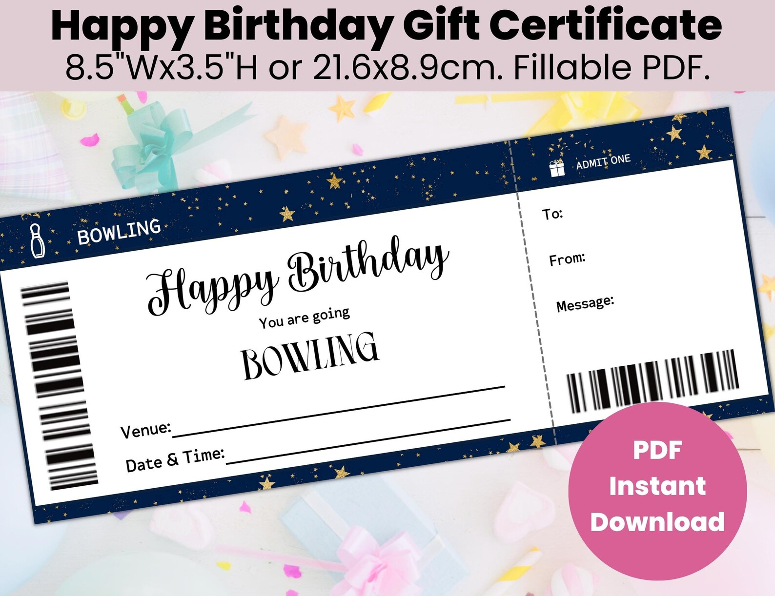 Bowling Game Ticket Gift Coupon Template for Birthday, Personalized ...