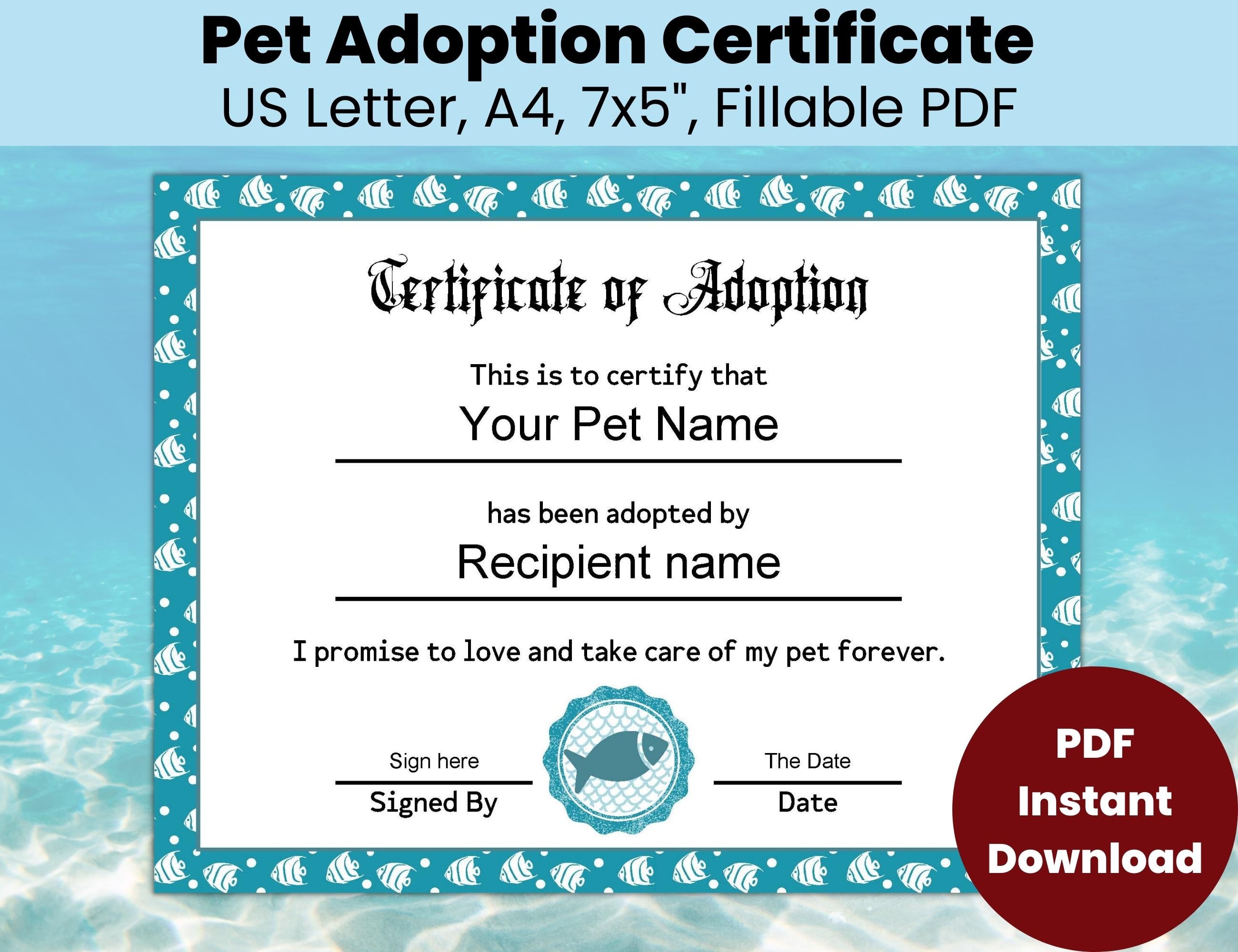 Pet Fish Adoption Certificate, Custom Editable Certificate Template for ...