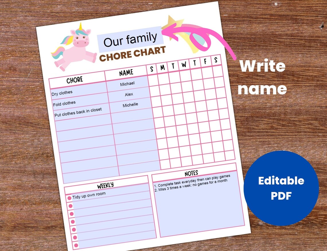 Unicorn Chore Chart for Kids Printable, Editable Kids' Chore Chart ...