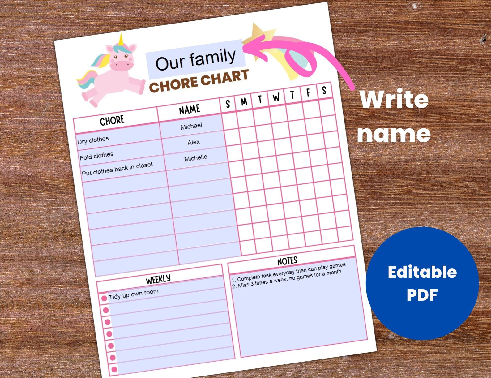 Unicorn Chore Chart for Kids Printable, Editable Kids' Chore Chart ...