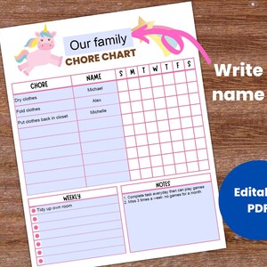 Unicorn Chore Chart for Kids Printable, Editable Kids' Chore Chart ...