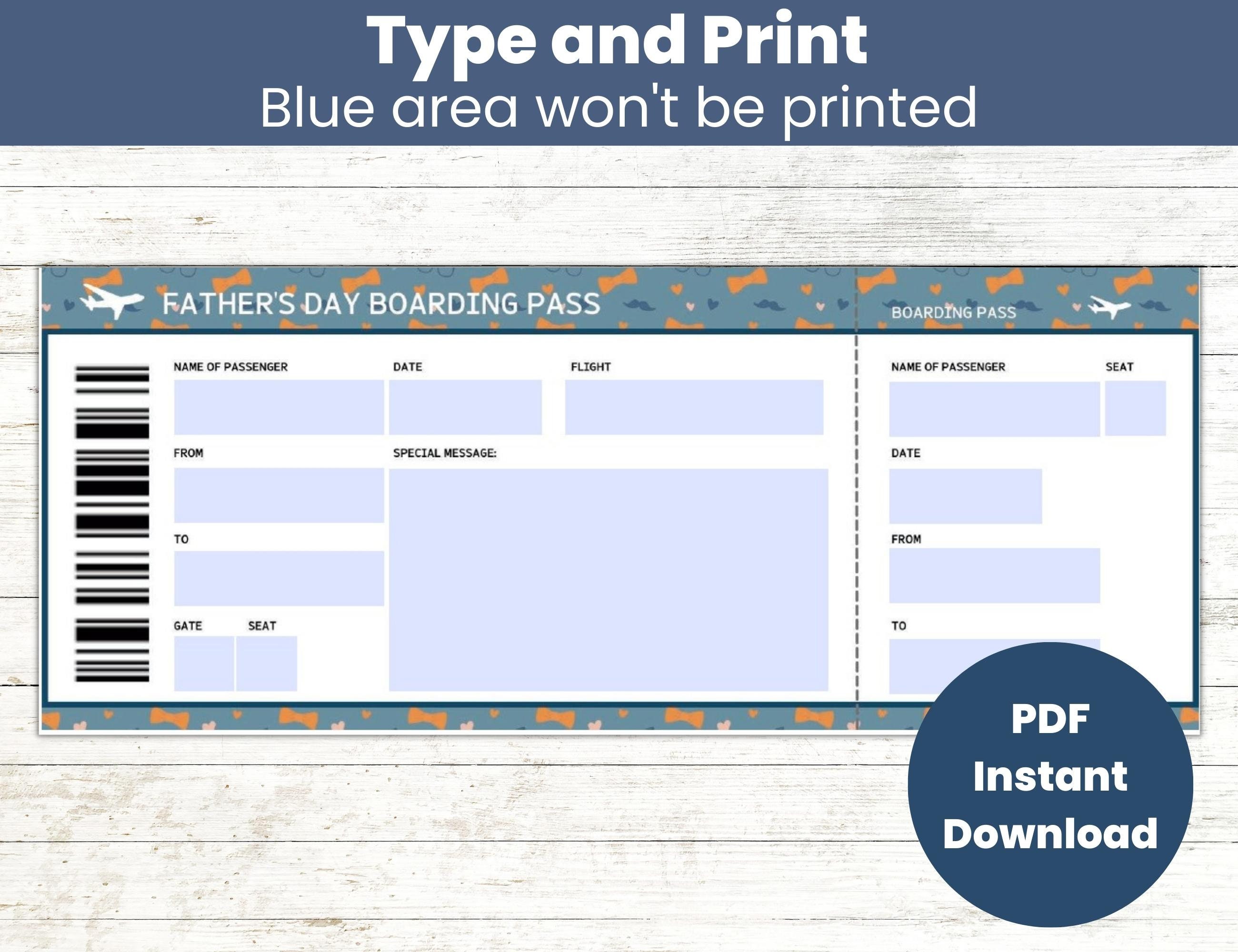 Father's Day Boarding Pass Ticket Gift Coupon Template, Fake Plane ...