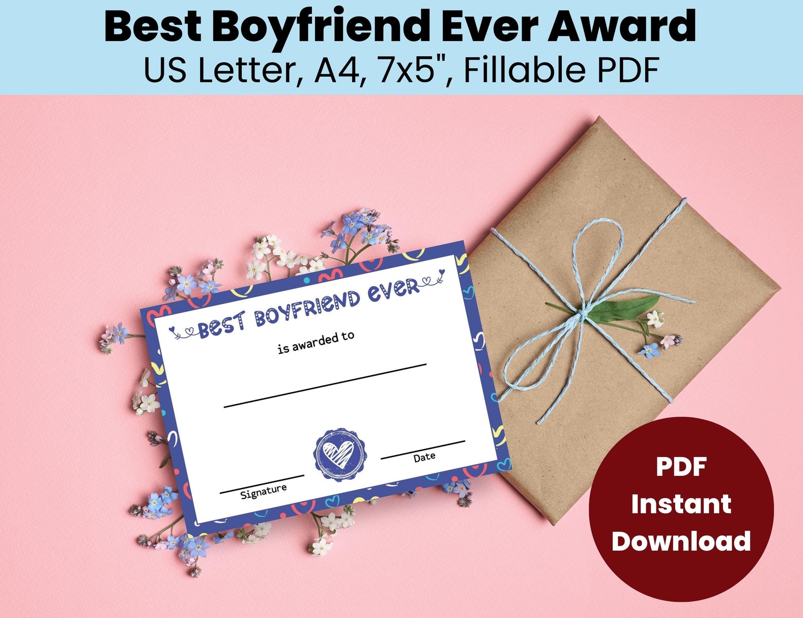 Best Boyfriend Ever Award Certificate, Personalized Love Certificate ...