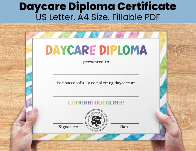 Daycare Diploma Certificate Template, Custom Printable Diploma for Kids ...