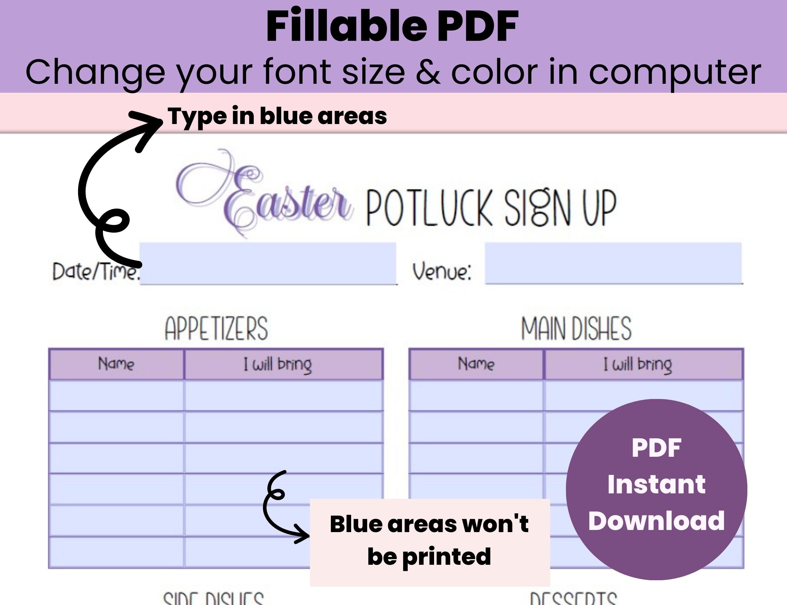 Easter Potluck Sign up Sheet Template Editable, Easter Party Food Ideas ...