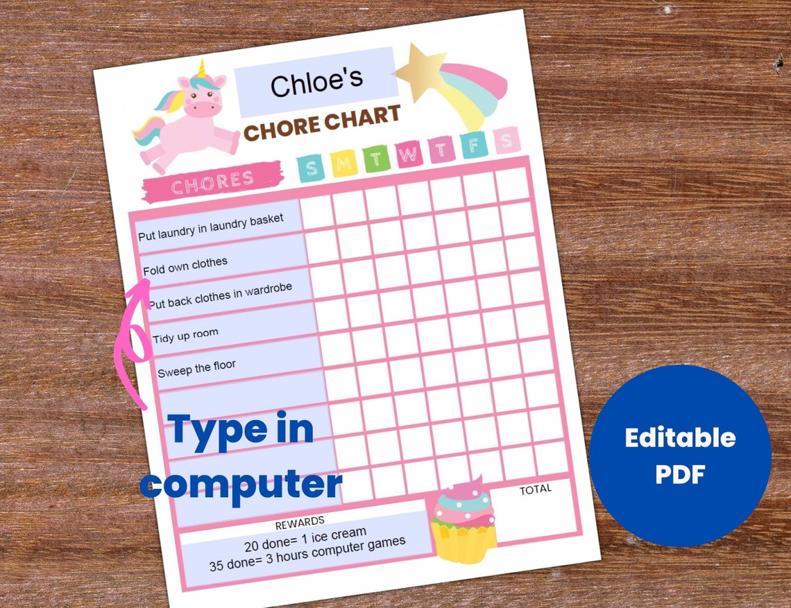 Unicorn Chore Chart for Kids Printable, Editable Kids' Chore Chart ...