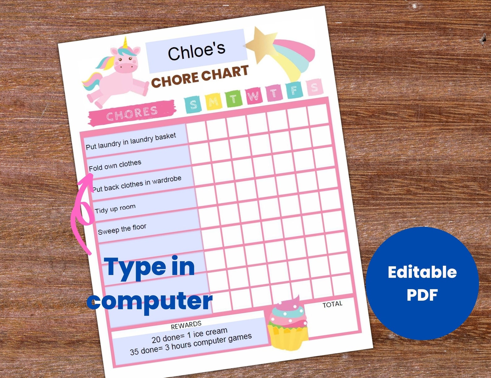 Unicorn Chore Chart for Kids Printable, Editable Kids' Chore Chart ...